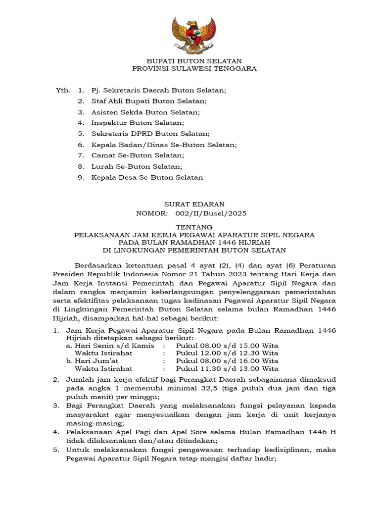 Surat Edaran Jam Kerja Ramadhan 2025 Bupati Buton Selatan | PDF