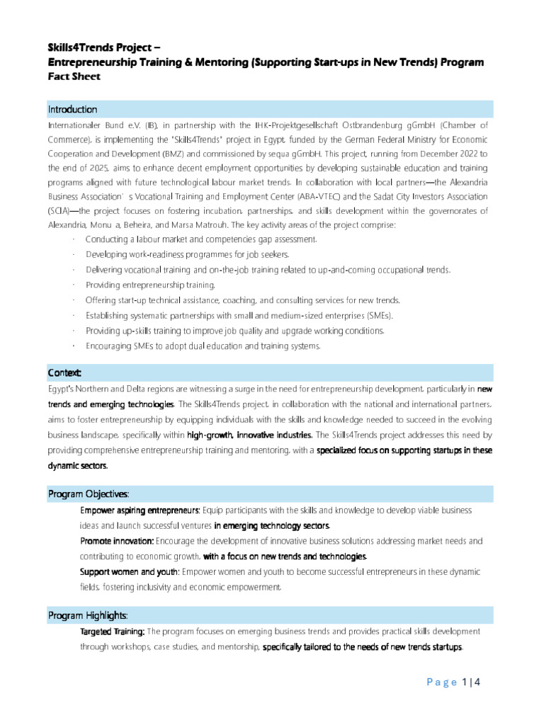 Skills4Trends - Entrepreneurship Training & Mentoring Program Fact Sheet | PDF | Startup Company ...