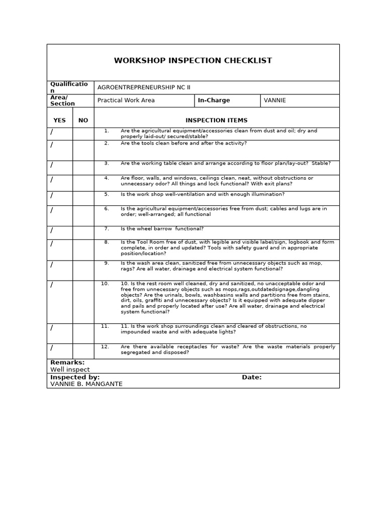 03 Workshop Inspection Checklist | PDF