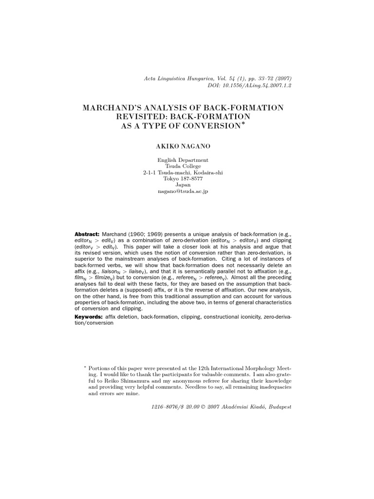 Marchand's Analysis of Back-Formation Revisited Back-Formation As A Type of Conversion (Nagano ...
