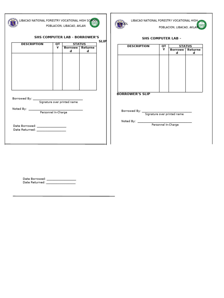SHS Com Lab Borrower's Slip | PDF