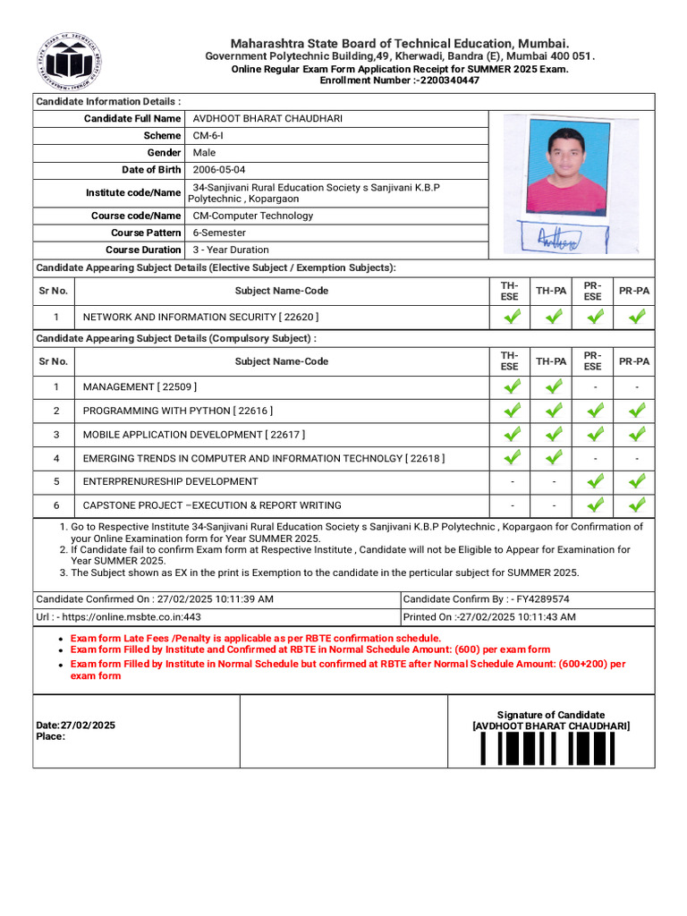 Exam Form Application of Candidate For | PDF | Educational Stages