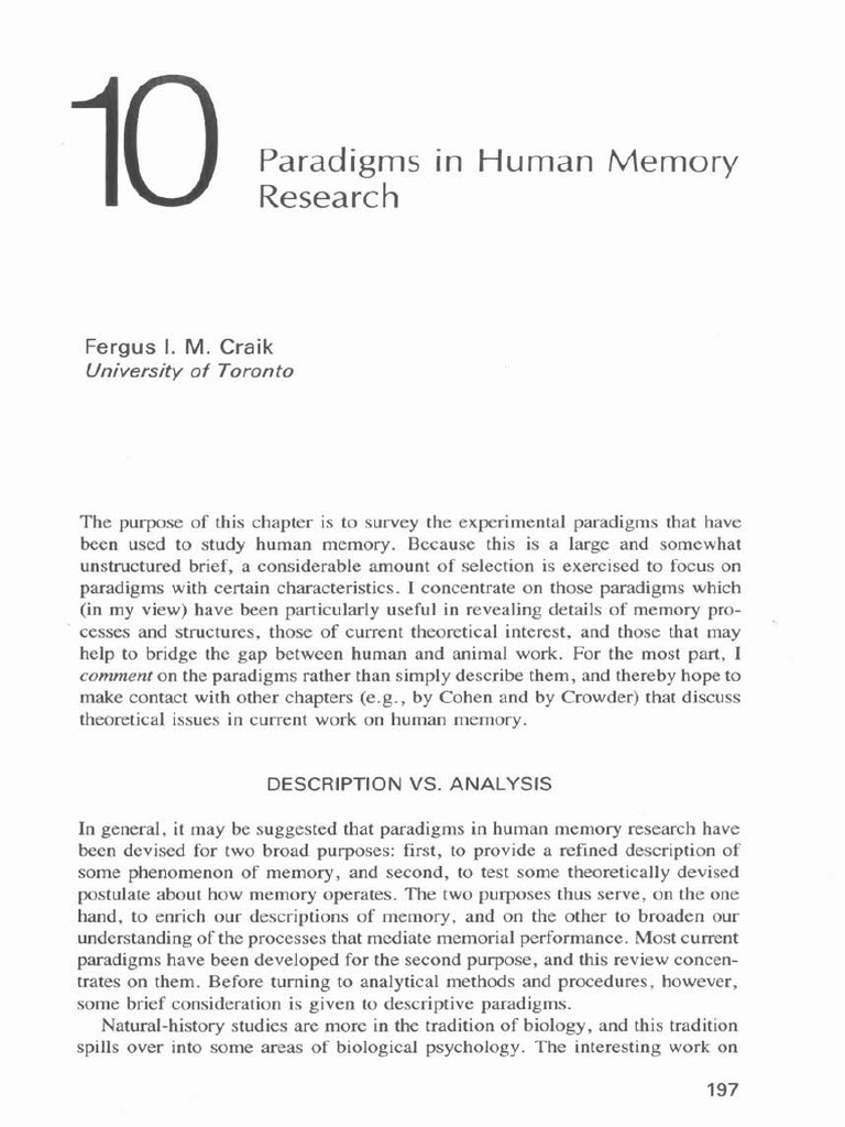 10ParadigmsHumanMemoryResearch Craig | PDF | Recall (Memory) | Memory