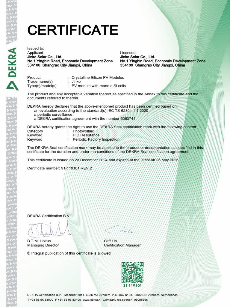 IEC-62804-Dekra-PID-DG-Certificate_6203411A.50-DTA-31-119101_2024-12-23_Rev-02 | PDF | Solar ...