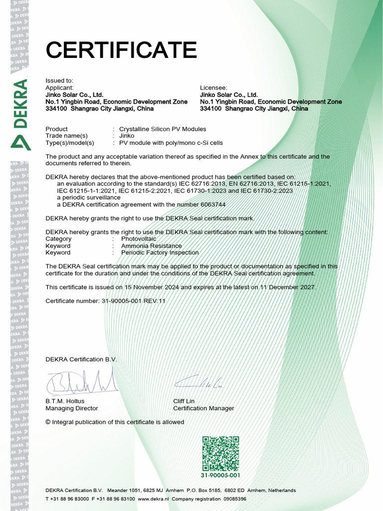 DEKRA Certification for Jinko Solar PV Modules | PDF | Solar Panel ...