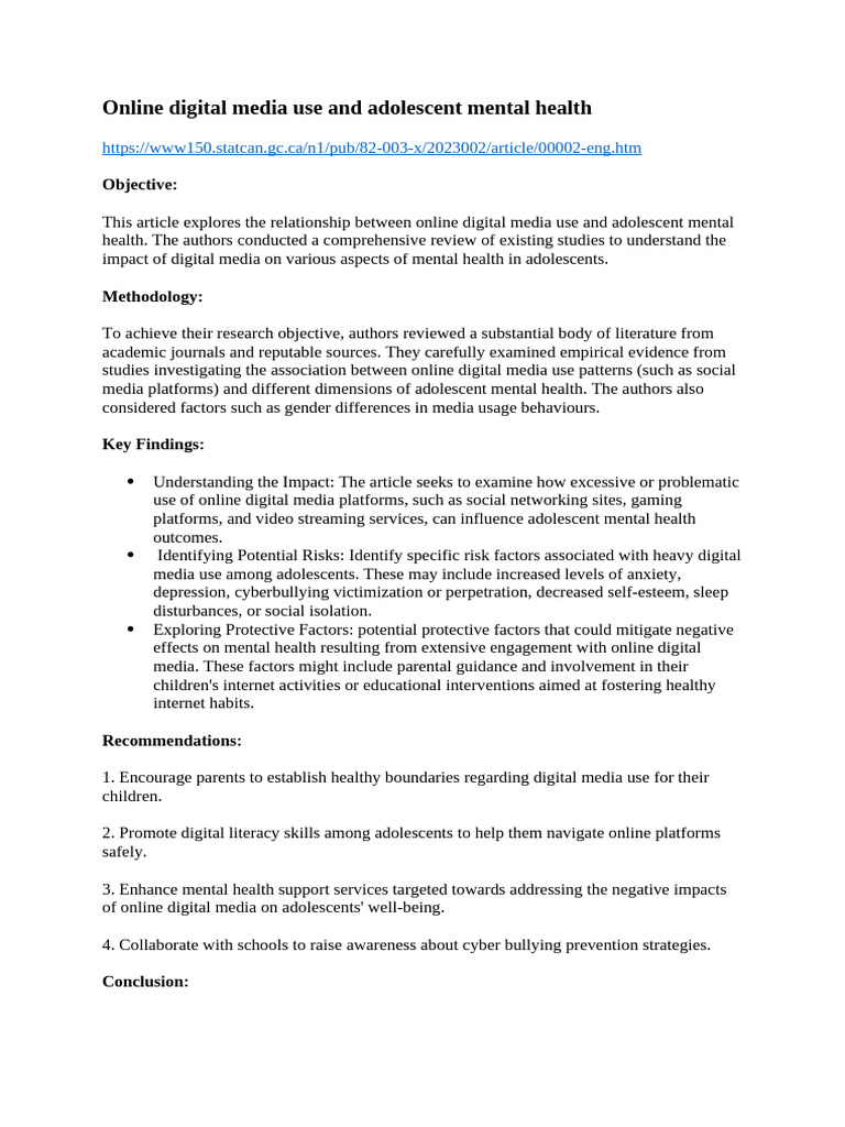 Online Digital Media Use and Adolescent Mental Health | PDF | Mental ...
