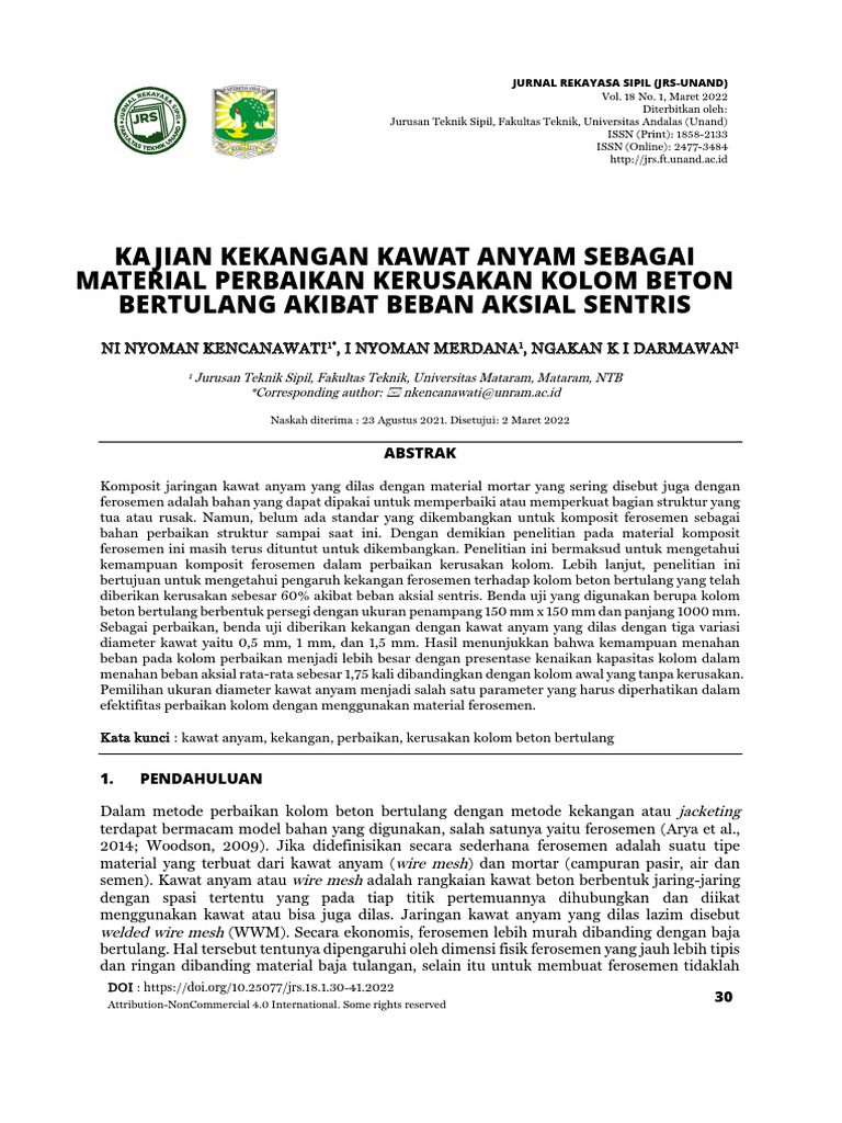 Kekangan Kawat Anyam untuk Perbaikan Kolom | PDF