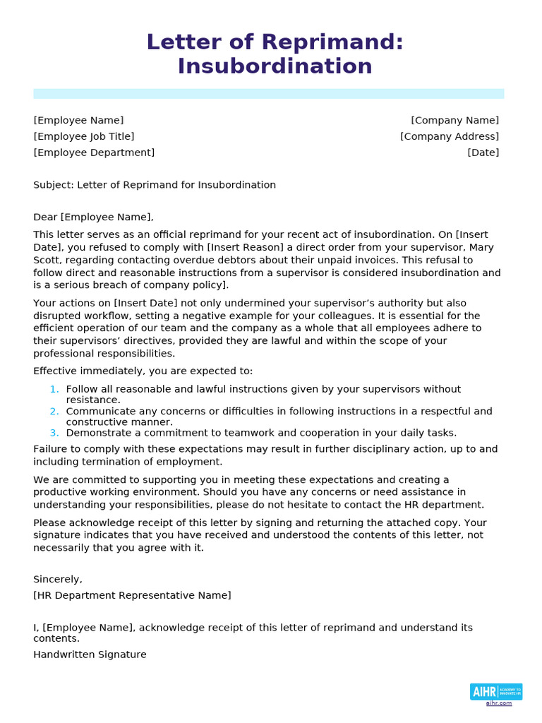 Insubordination Letter of Reprimand | PDF