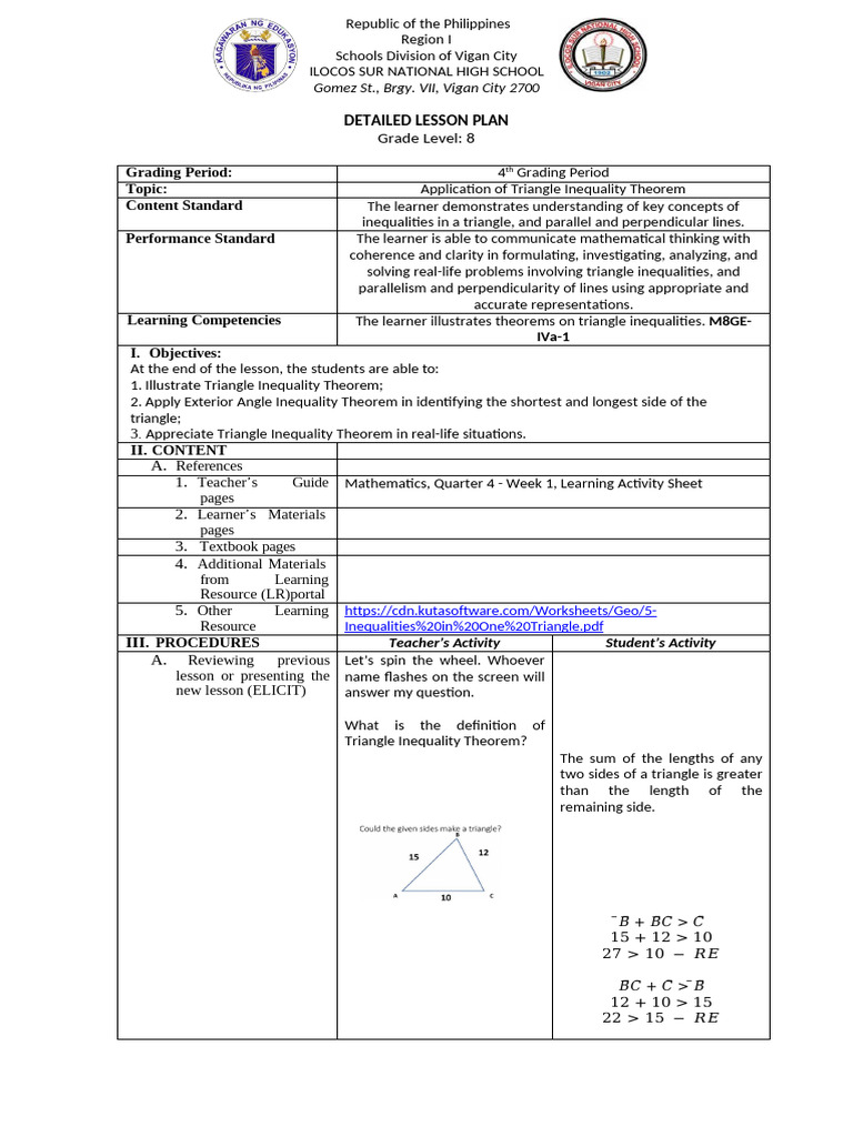 EL 3 - DLP - Application Triangle Inequality Theorem | PDF | Triangle ...