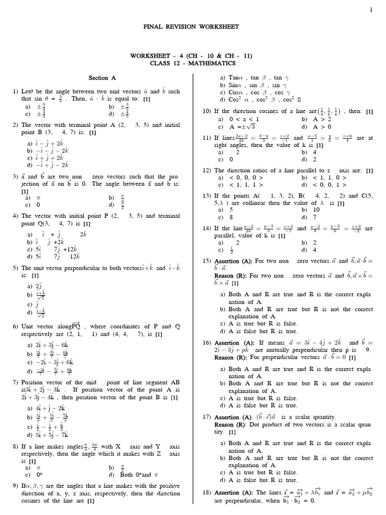 Xii Worksheet 4 QP (CH 10,11) | PDF | Euclidean Vector | Perpendicular