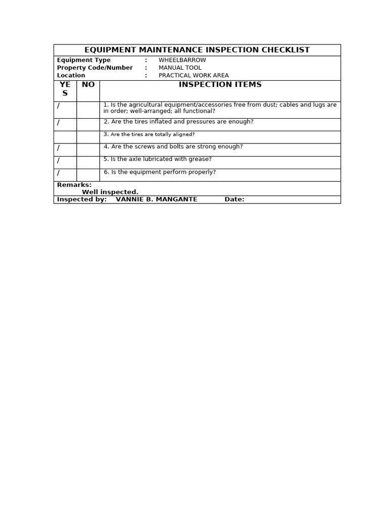 04 Equipment Maintain Inspection Checklist | PDF