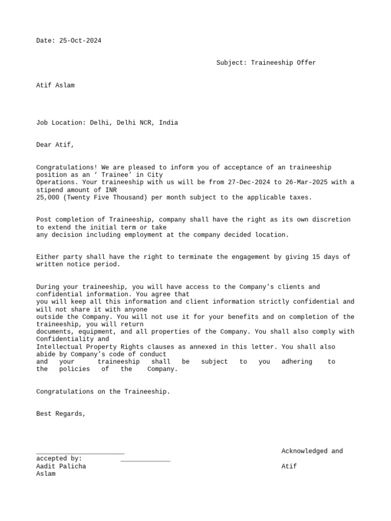 Zepto Traineeship Offer Letter | PDF | Patent | Intellectual Property