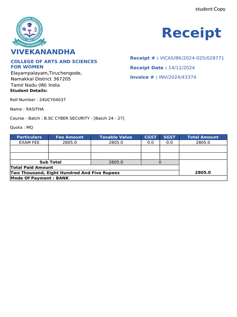B.Sc Cyber Security Fee Receipt | PDF
