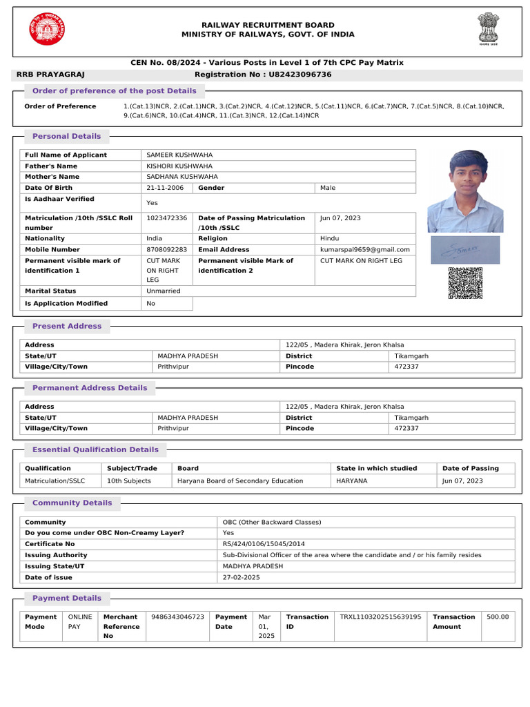 Order of Preference of The Post Details: Railway Recruitment Board ...