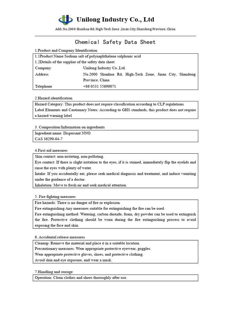 Sodium Salt of Polynaphthalene Sulphonic Acid Safety Data | PDF ...