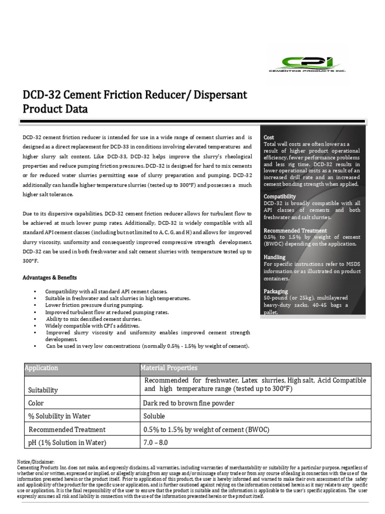 DCD 32 Friction Reducer Dispersant | PDF | Pump | Cement