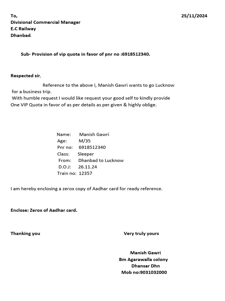 Request for VIP Quota Train Ticket | PDF