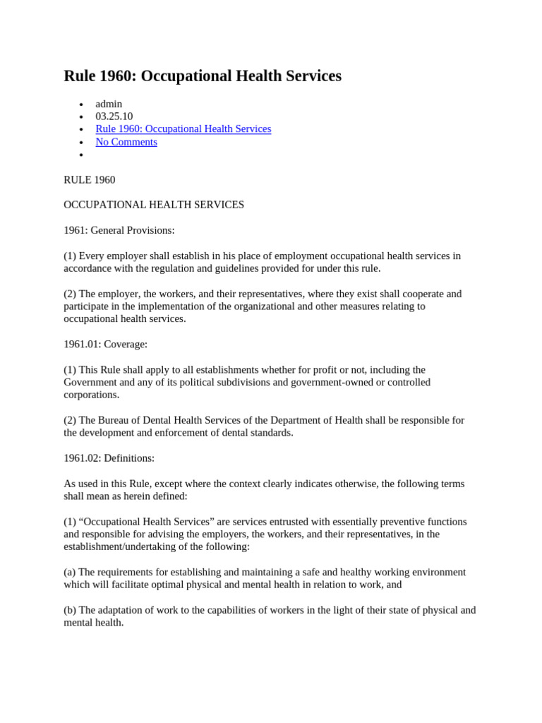 Rule 1960 Occupational Health Services | PDF | Occupational Safety And ...