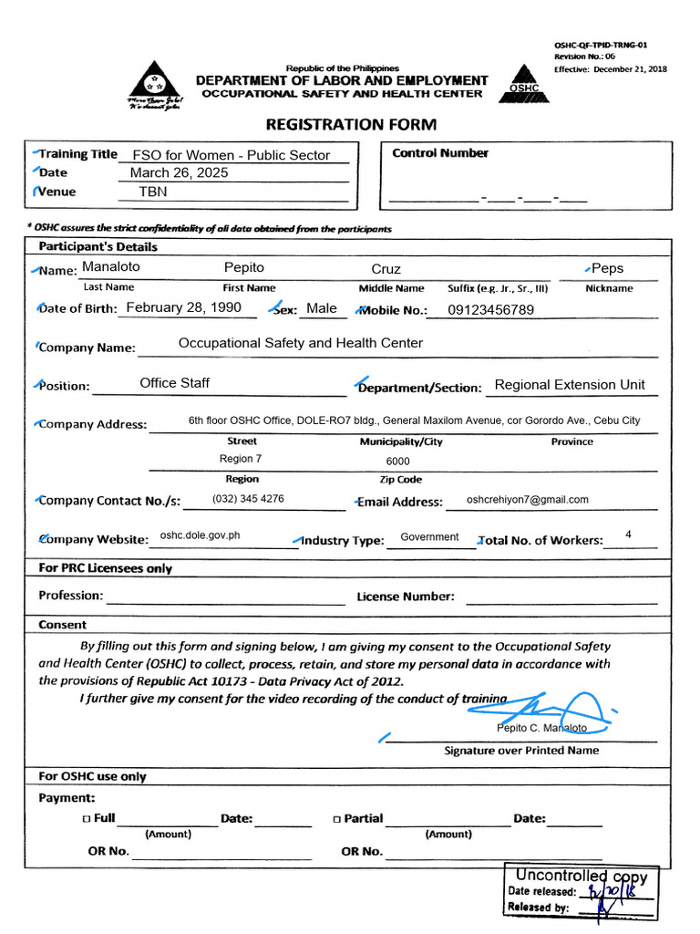 BOSH Registration Form | PDF