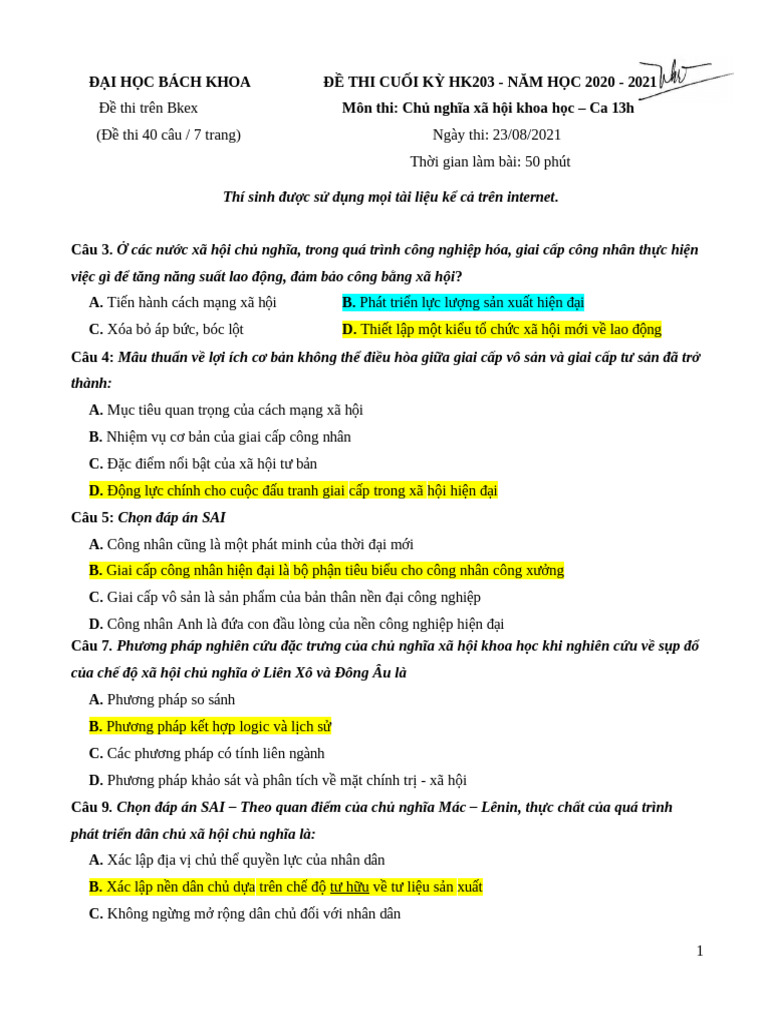 Đáp án tham khảo CNXHKH - HK203 & HK211 | PDF