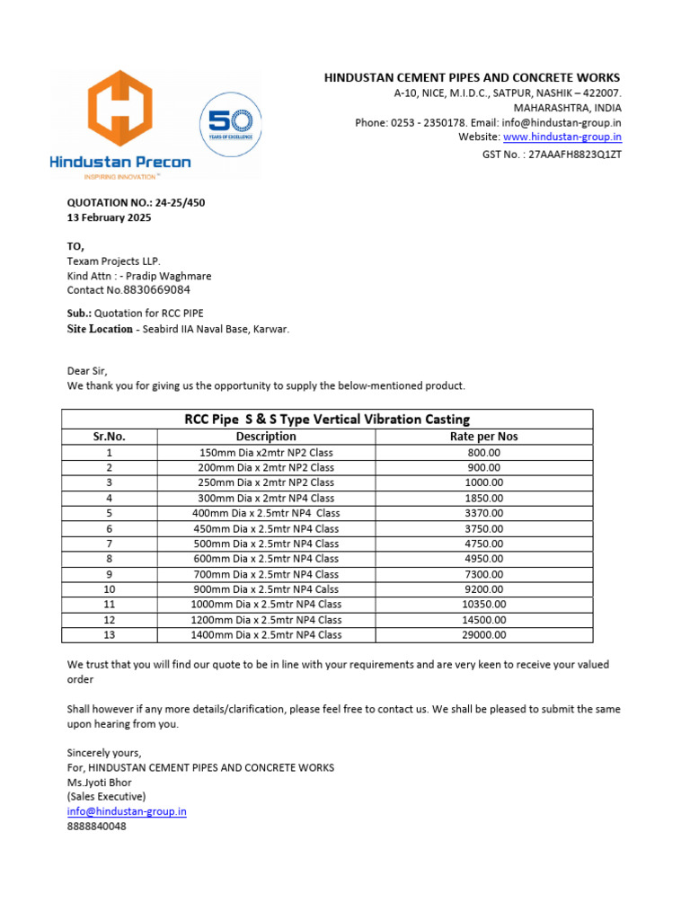 Quotation for RCC Pipes to Texam Projects | PDF