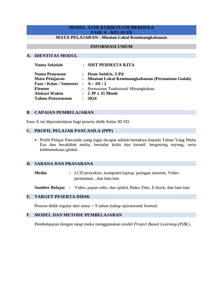 Modul Permainan Tradisional Kelas 3 | PDF