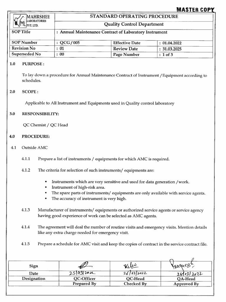 Annual Maintenance Contract SOP for Lab Instruments | PDF | Quality