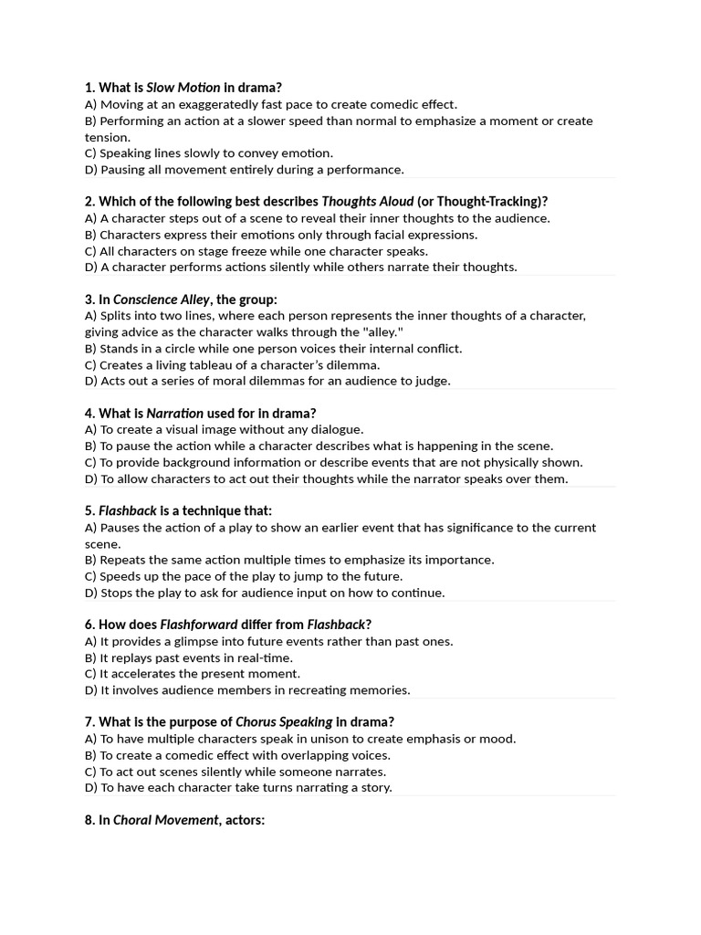 Essential Drama Techniques Quiz | PDF | Actor | Theatre
