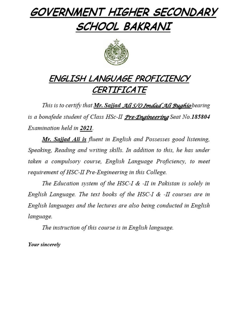 English Language Proficiency Certificate Sajjad | PDF