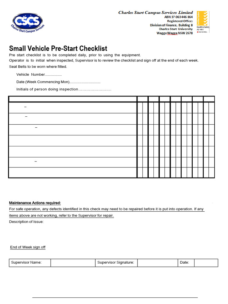 Small Vehicle Pre Start Checklist WHS.081 V004 | PDF