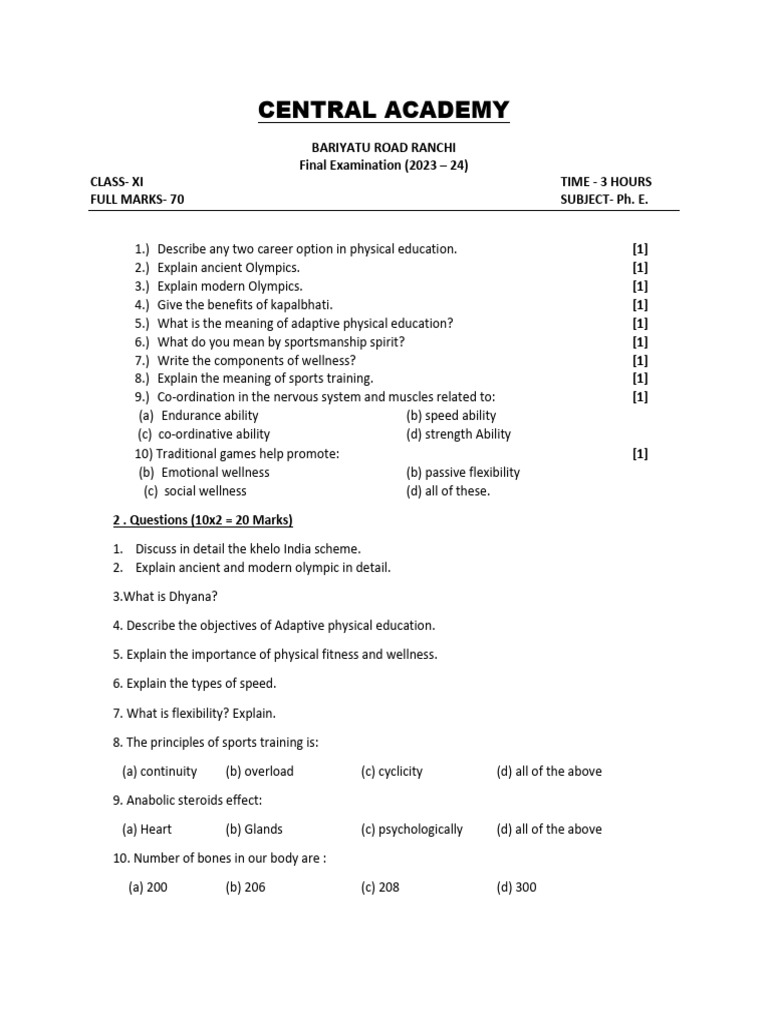 PHE question paper of CBSE Board jharkhand | PDF | Physical Fitness ...