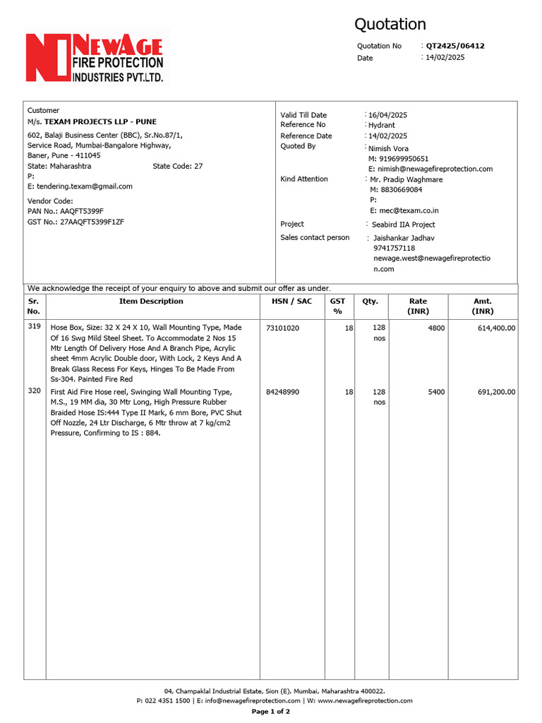 TEXAM PROJECTS LLP - PUNE - Seabird IIA Project Hose | PDF