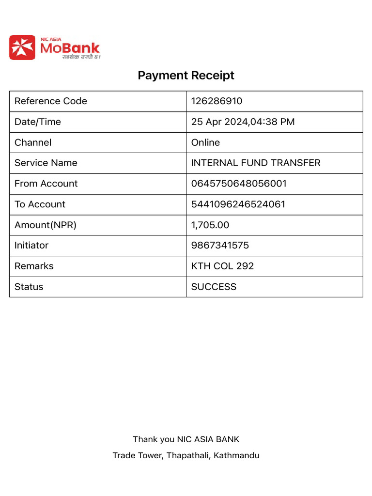 NIC ASIA Bank Payment Receipt | PDF