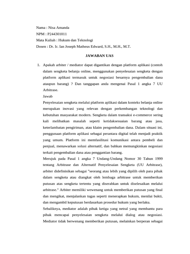 Jawaban UAS Hukum Dan Teknologi S2 Nisa Amanda | PDF