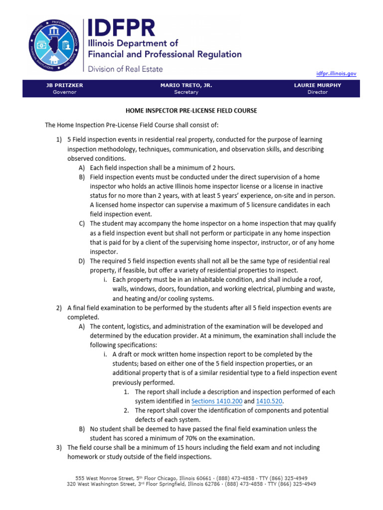 Home Inspector Pre License Field Course Curriculum | PDF