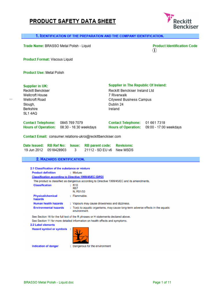 MSDS - BRASSO Metal Polish - Liquid | PDF | Safety | Occupational ...