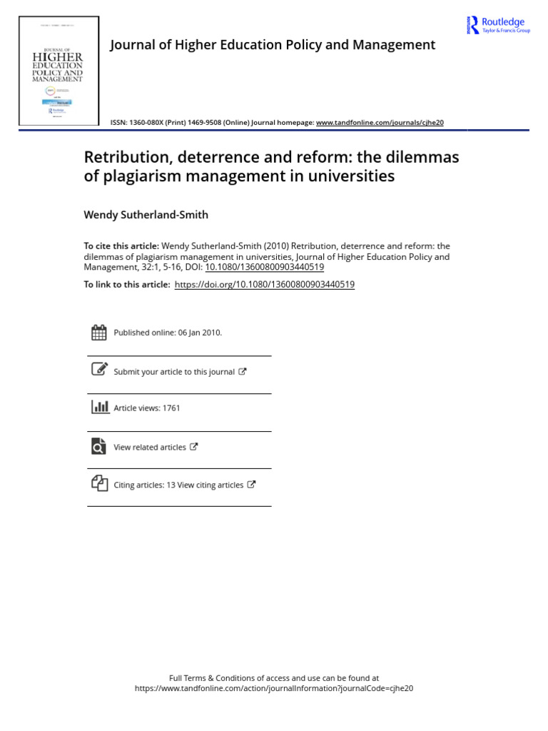 Retribution Deterrence and Reform The Dilemmas of Plagiarism Management in Universities | PDF ...