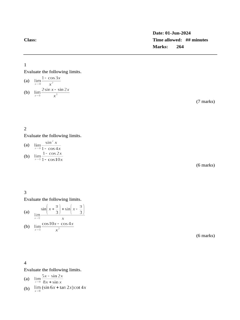 Limit Evaluation and Derivatives Exam | PDF | Euclidean Geometry ...