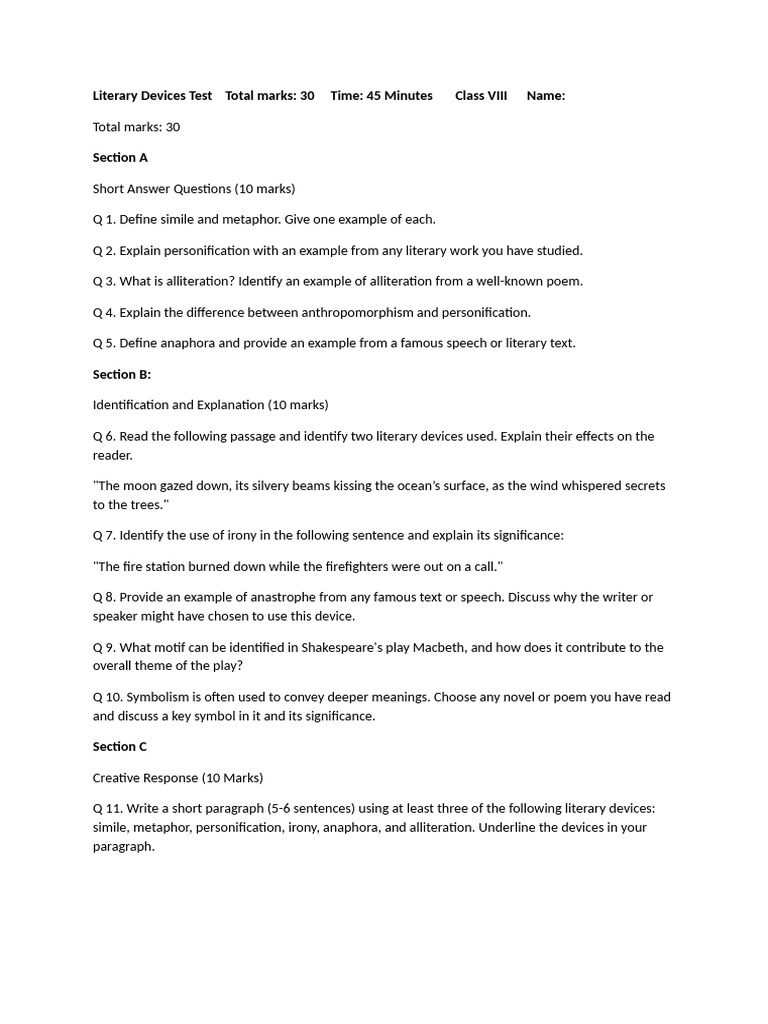 Literary Devices Test | PDF