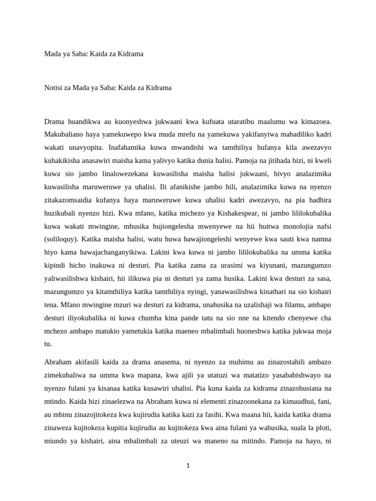 Notisi Za Mada Ya Saba Kaida Za Kidrama | PDF