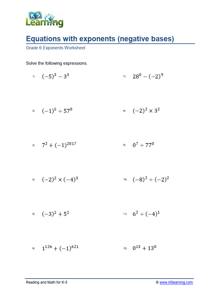 K 5 Grade 6 Exponents Equations Negative Bases c | PDF