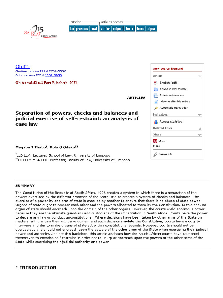 Separation of Powers, Checks and Balances and Judicial Exercise of Self ...