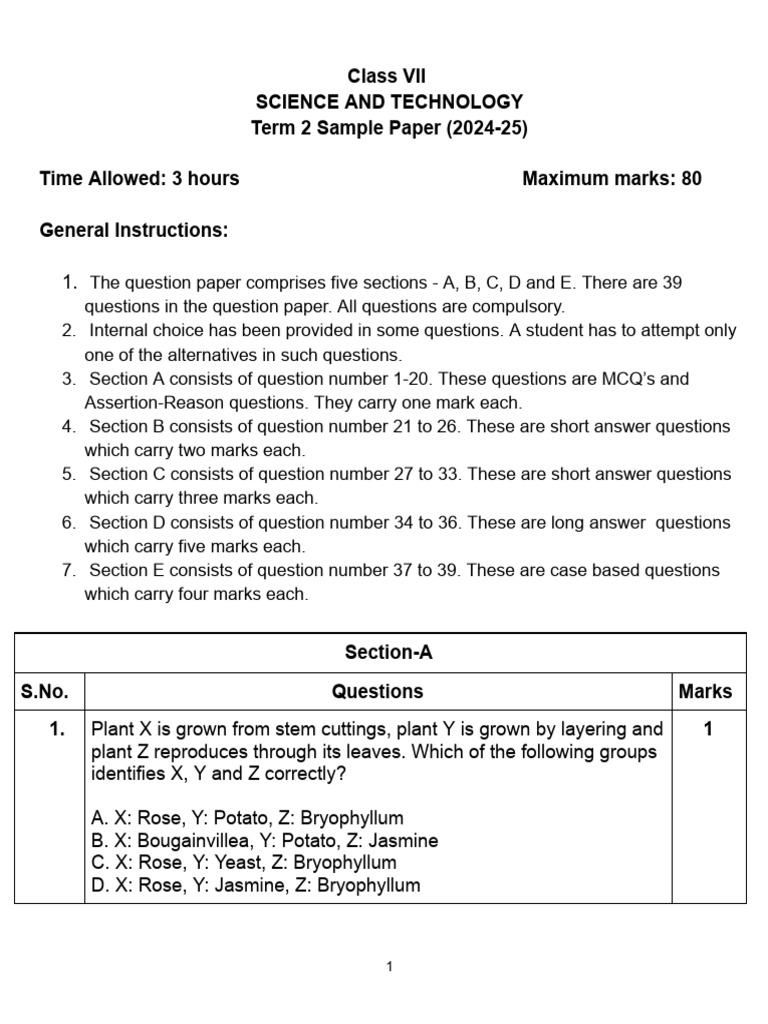 Class VII Science Sample Paper 2024-25 | PDF | Trees | Root
