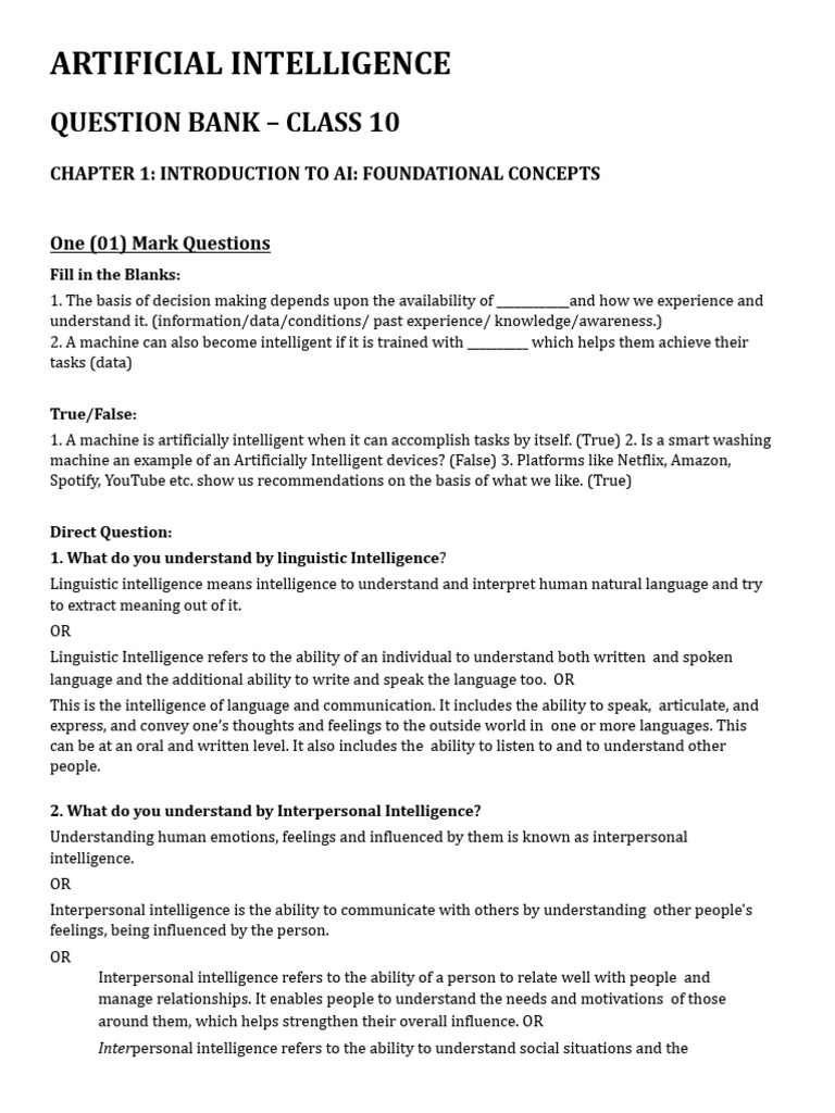 Class X Artificial Intelligence Question Bank - CH - 1 | PDF | Artificial Intelligence ...