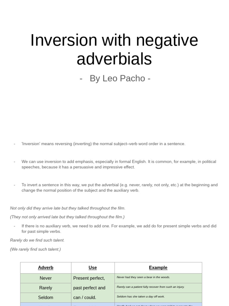 Negative Adverbial Inversion Explained | PDF | Verb | Subject (Grammar)