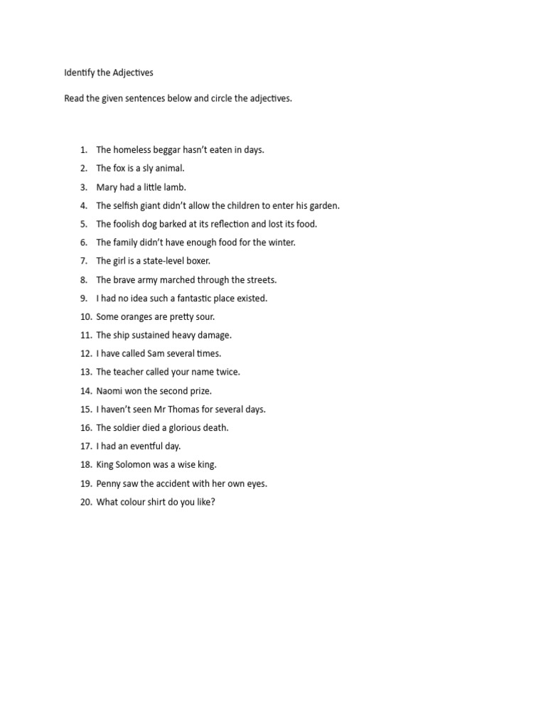 Adjectives Identification Worksheet | PDF