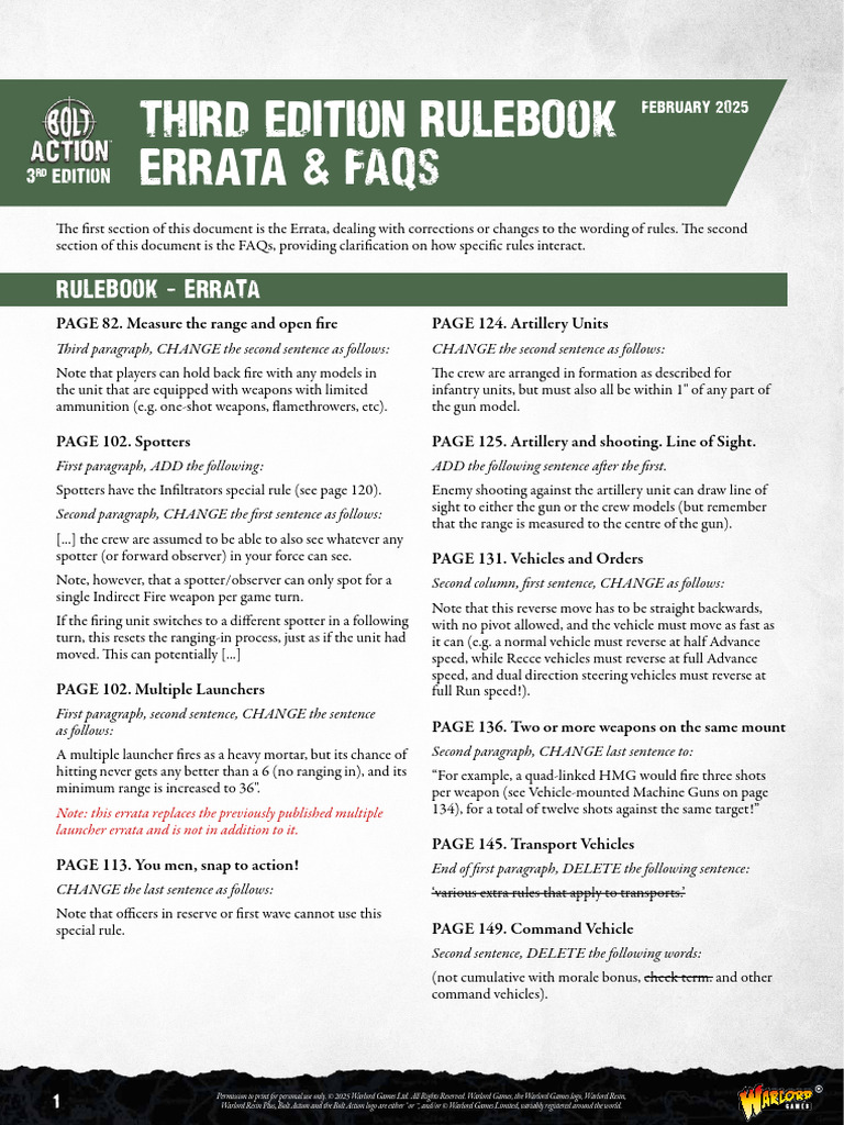 BA3 Rulebook Errata FAQ Feb25 | PDF | Platoon | Artillery