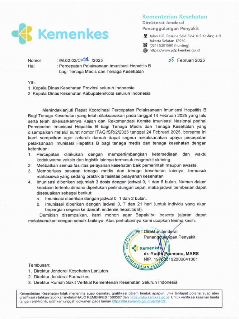 Surat Percepatan Imunisasi HB Nakes Nadis Feb 2025 | PDF
