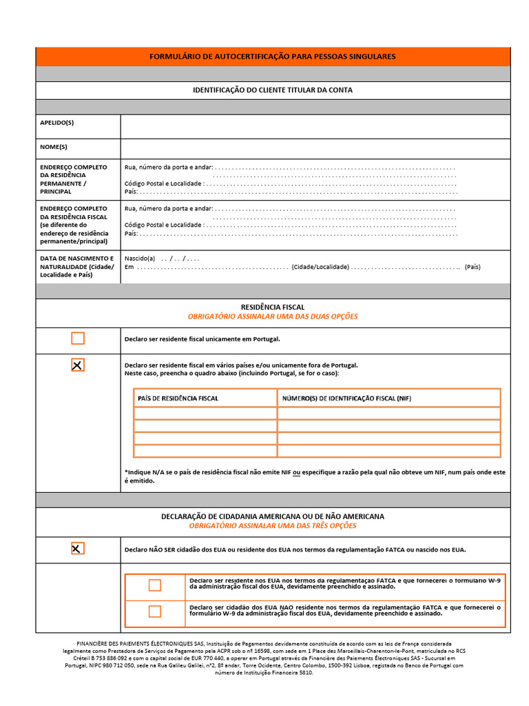 Self Certification Form FATCA AEOI PT PT 3 Edited Edited | PDF ...