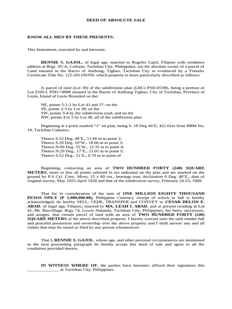 Deed of Absolute Sale of Land | PDF | Affidavit | Mortgage Law